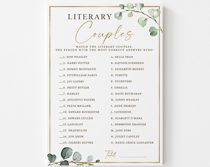 Literary Couples Book Theme Bridal Shower Game, Fun Unique Game, Pastel ...