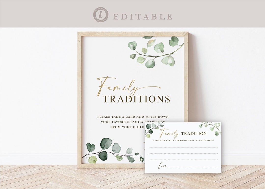 Family Traditions Cards and Sign . Baby Bridal Shower . Greenery + Gold ...