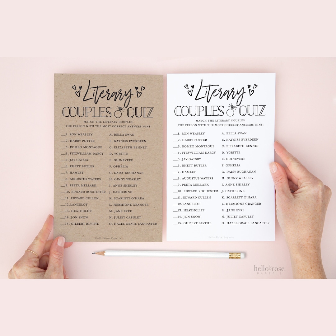 Literary Couples Quiz Trivia Game . Bridal Shower Wedding Printable ...
