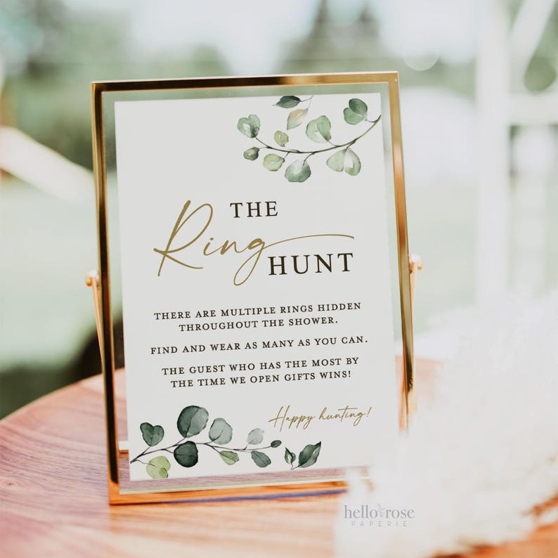 The Ring Hunt Game Sign Printable . Greenery and Gold . Bridal Shower ...