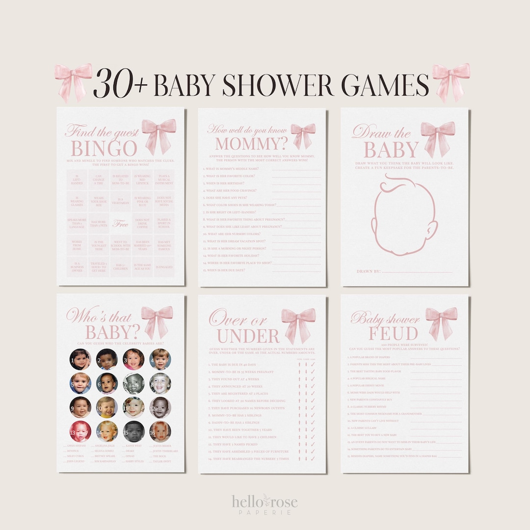 Pink Bow Baby Shower Bundle of 30+ Baby Shower Games, Girl Baby Shower ...