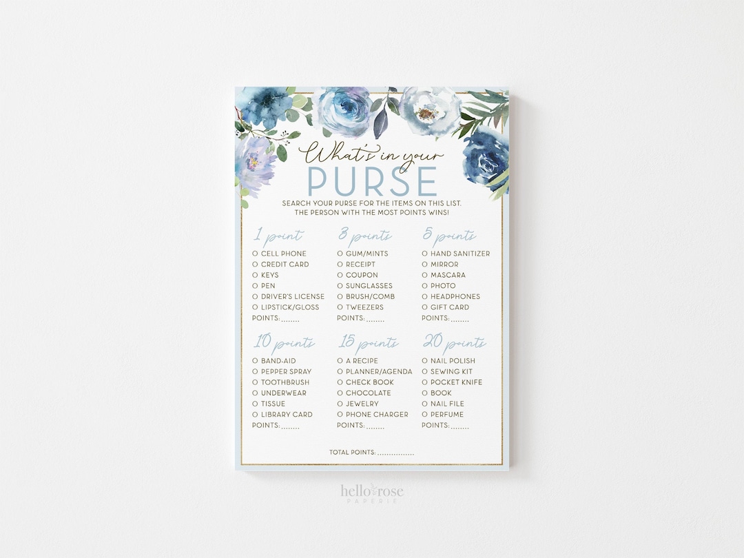 Whats in Your Purse Bridal Shower Game Printable . Blue Floral Roses ...
