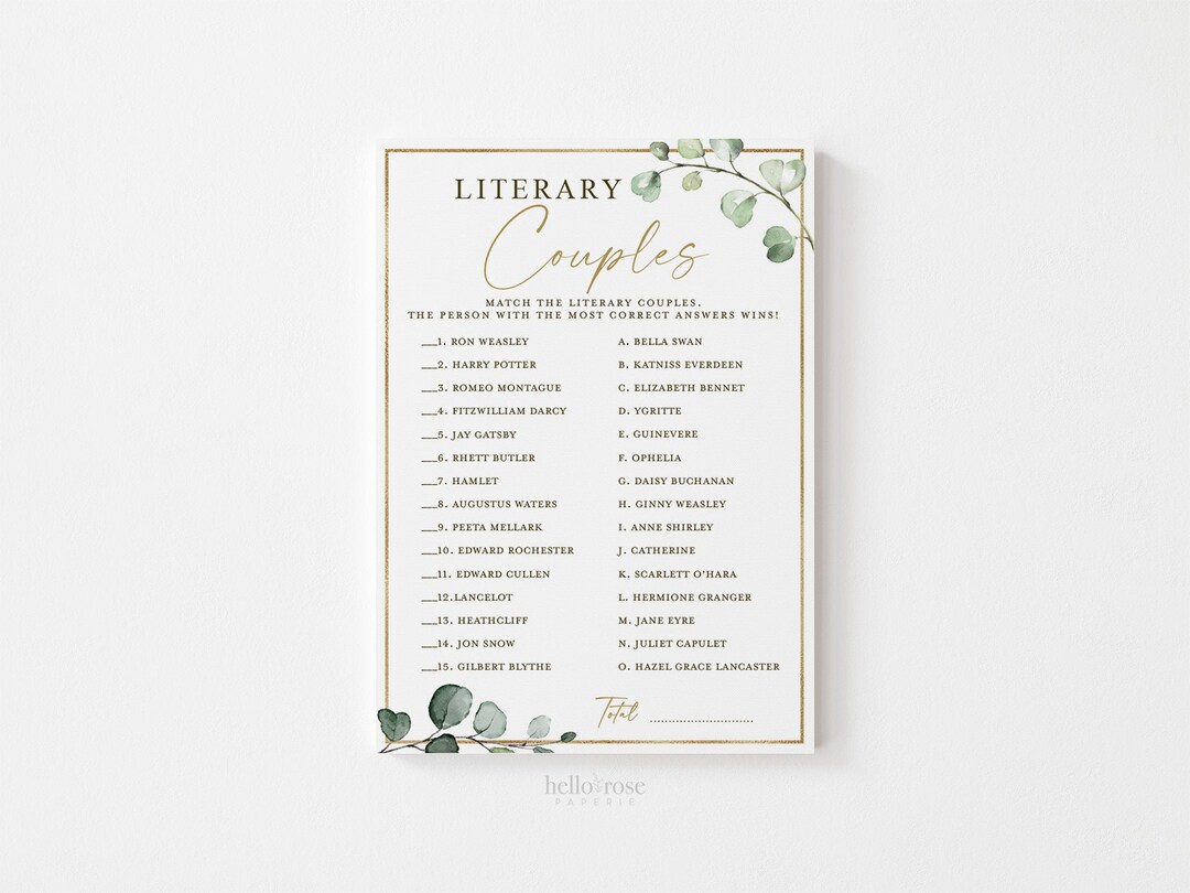 Literary Couples Printable Bridal Shower Wedding Game . Famous Couples ...