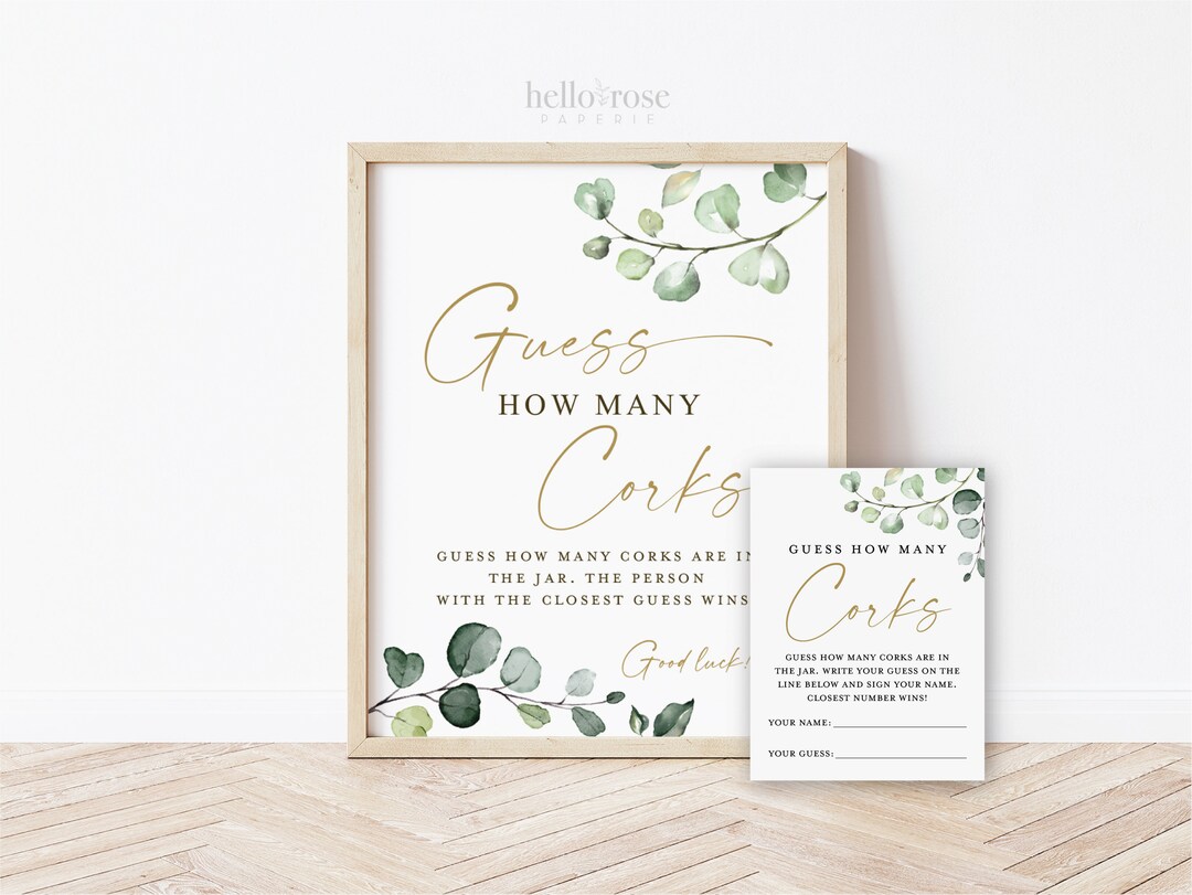 Guess How Many Corks Cards and Sign Printable . Greenery + Gold ...