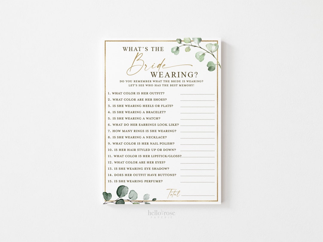 What is the Bride Wearing Bridal Shower Printable Game . Greenery and ...
