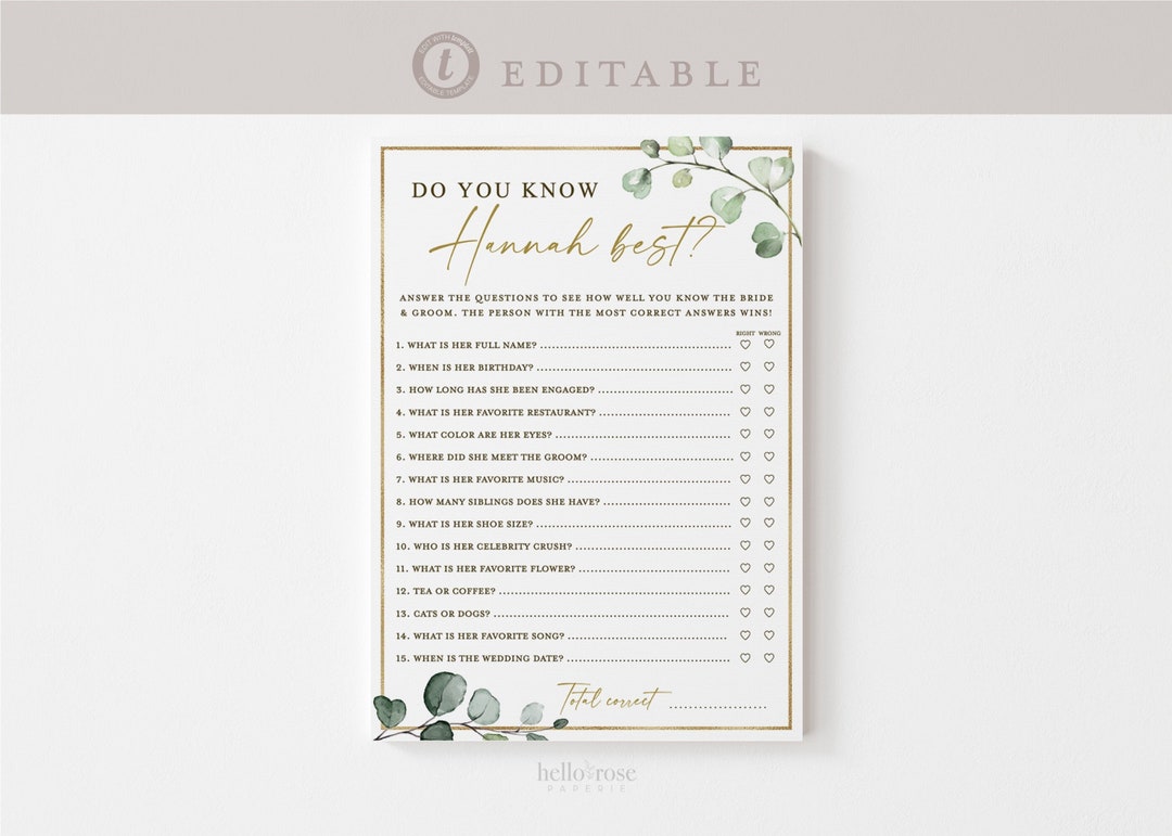 Do You Know the Bride Best Personalized Bridal Shower Bachelorette Game ...