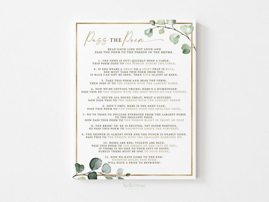 Pass the Poem Bridal Shower Printable Game . Greenery and Gold . Gift ...