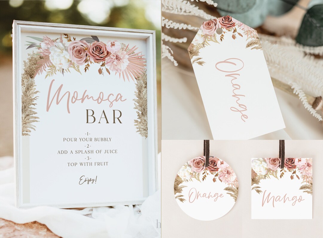 Momosa Bar Sign + Mimosa Tags Template . Baby Shower Mimosa . Pampas ...