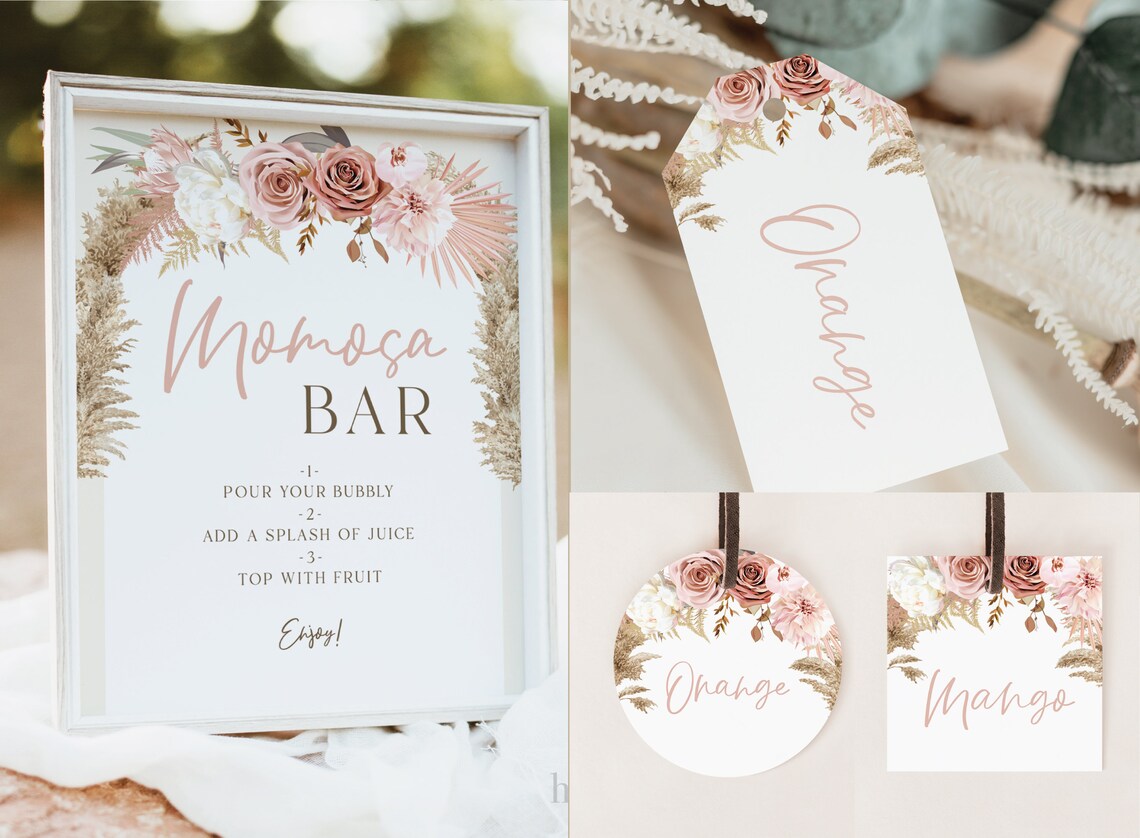 Momosa Bar Sign + Mimosa Tags Template . Baby Shower Mimosa . Pampas ...