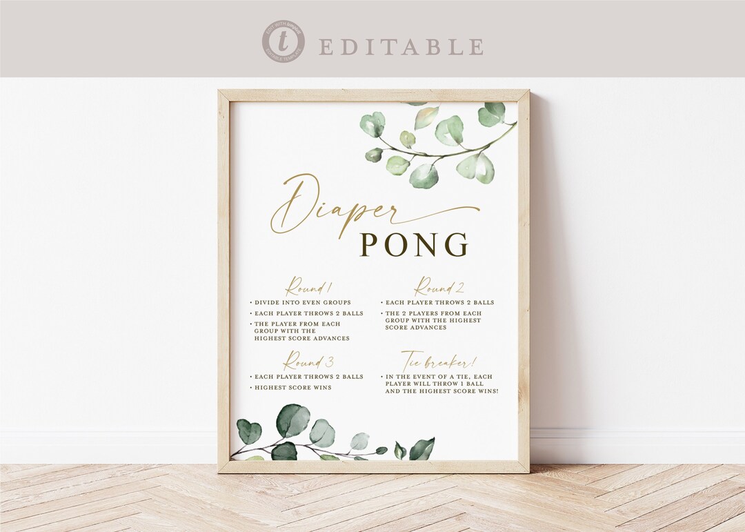 Diaper Pong Baby Shower Game Table Sign . Boy Girl Neutral . Greenery ...