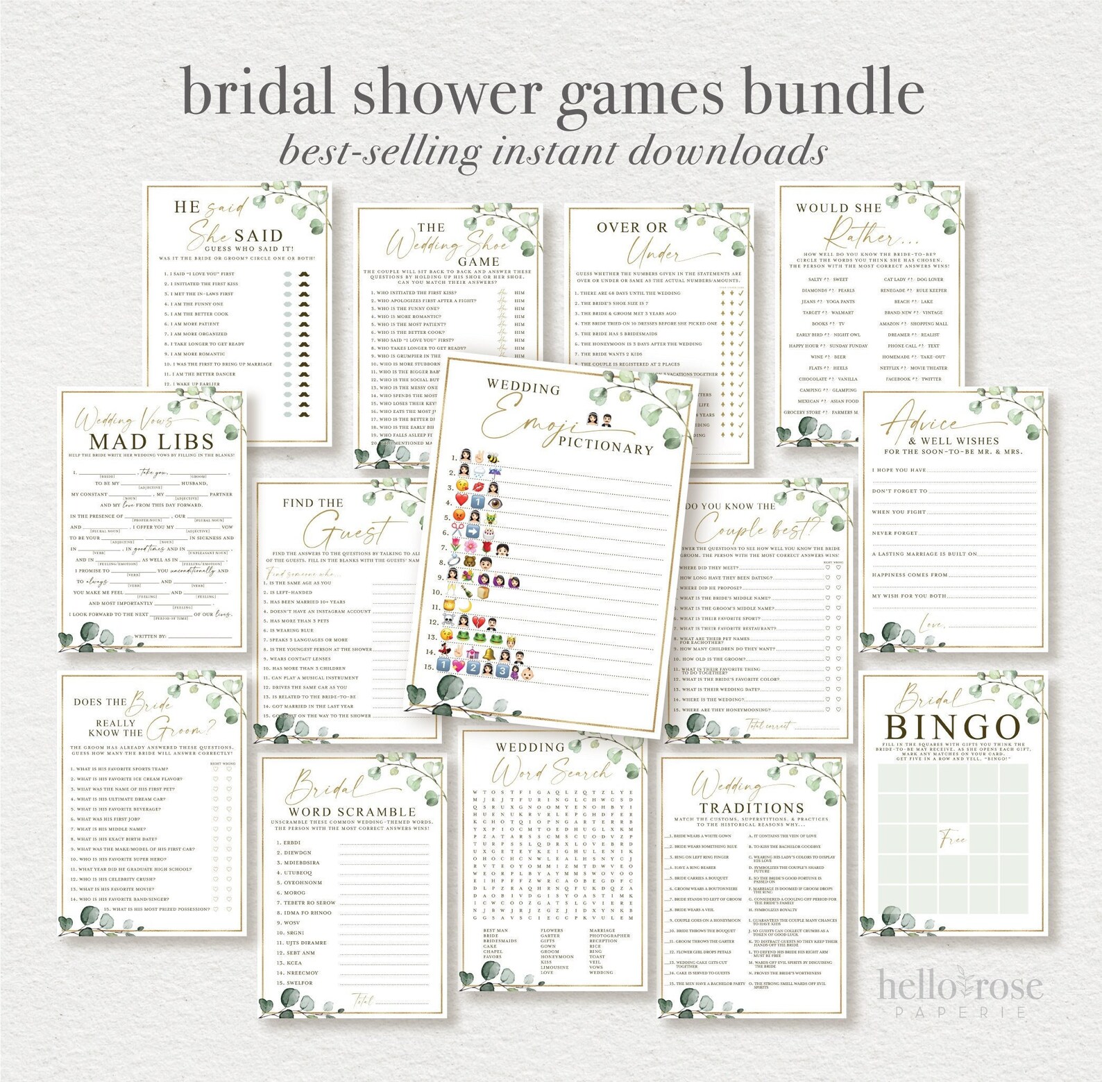 PRINTABLE Bridal Shower Games Bundle . 14 Best Selling Games - Etsy