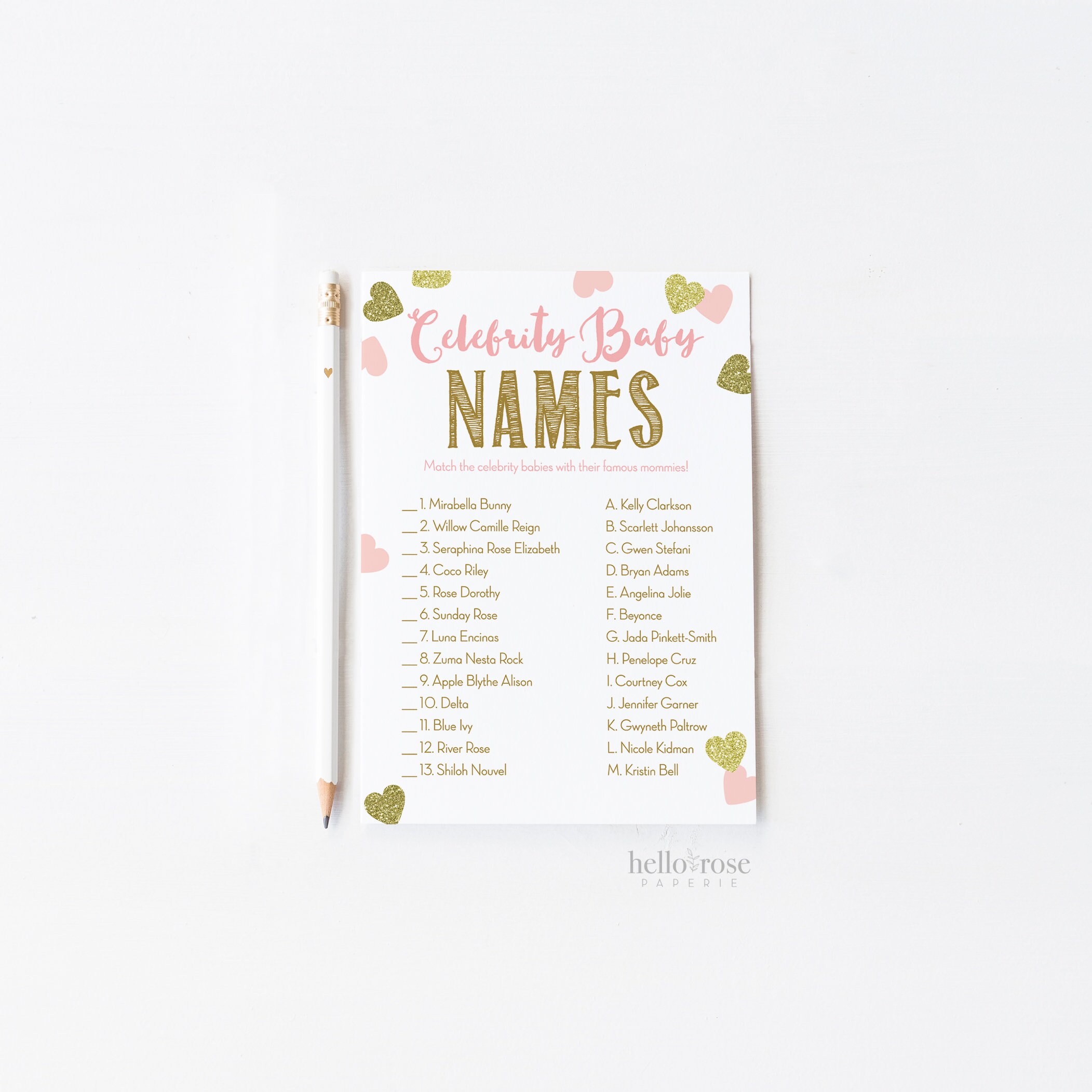Celebrity Baby Name Shower Game and Answers . Pink and Gold Girl Baby ...