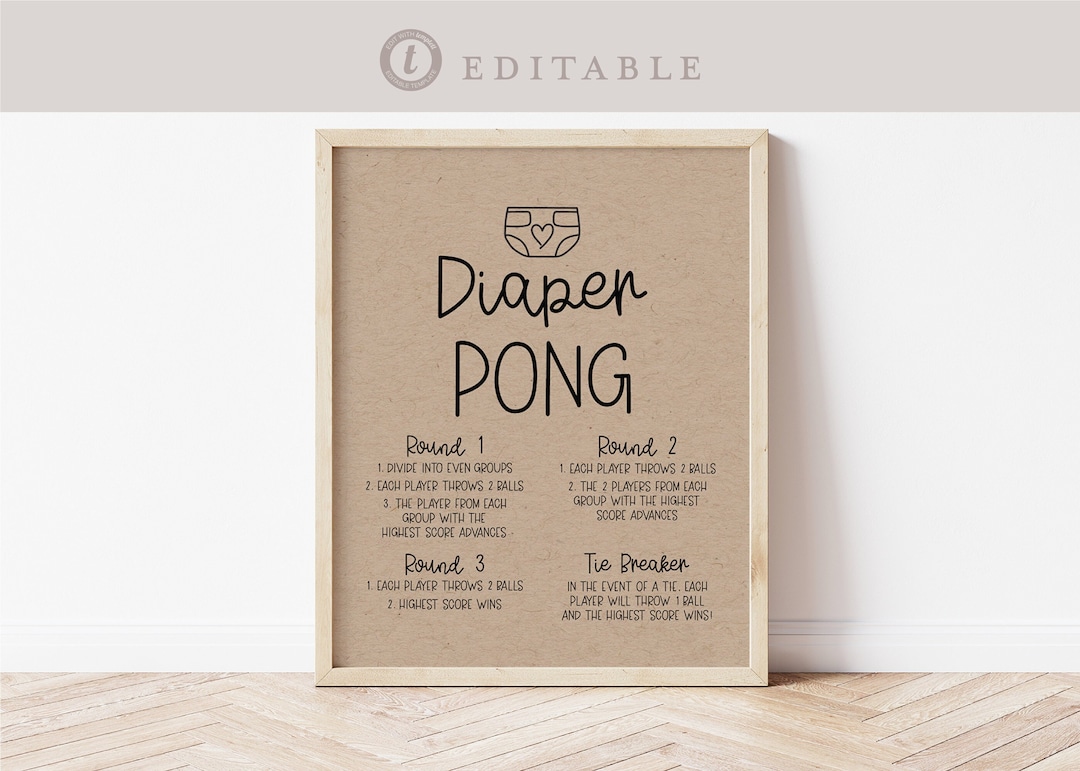 Diaper Pong Baby Shower Game Table Sign . Boy Girl Neutral . Kraft ...