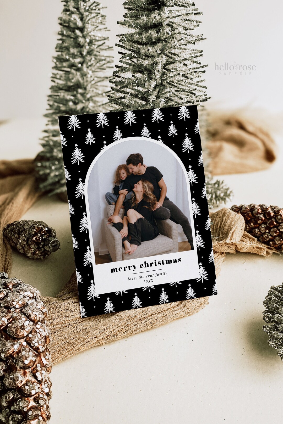Photo Holiday Christmas Card Template With Backer . Boho Trees Black ...