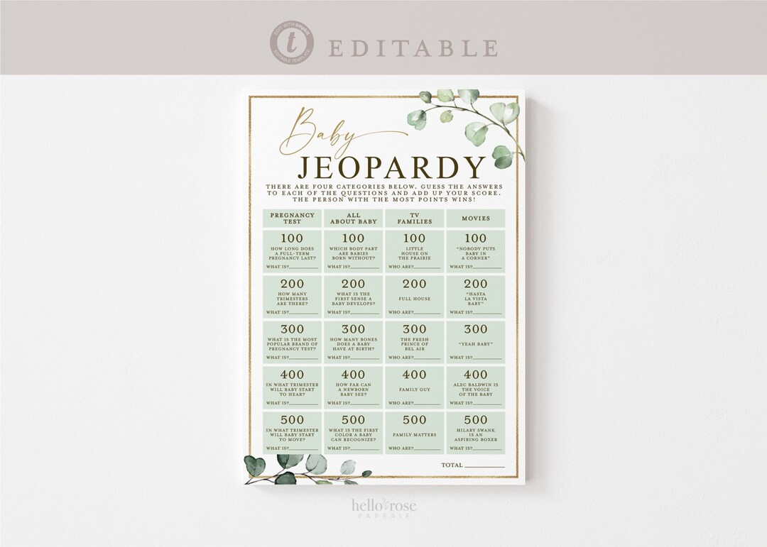 Baby Jeopardy Printable Game . Gender Neutral Baby Shower Greenery and ...