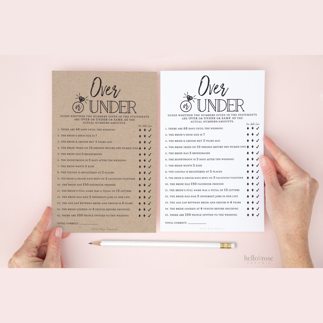 Over or Under Printable Bridal Shower Game . Wedding Bachelorette Hens ...