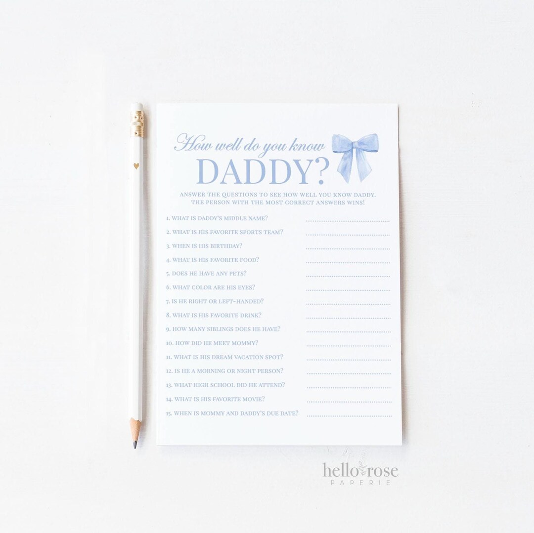 How Well Do You Know Daddy Blue Bow Baby Shower Game, Boy Baby Sprinkle ...