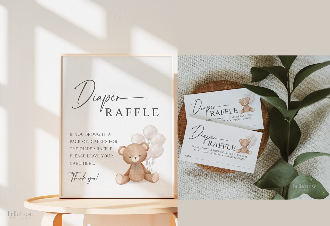 Diaper Raffle Baby Shower Game Sign + Cards, Teddy Bear Girl With White ...
