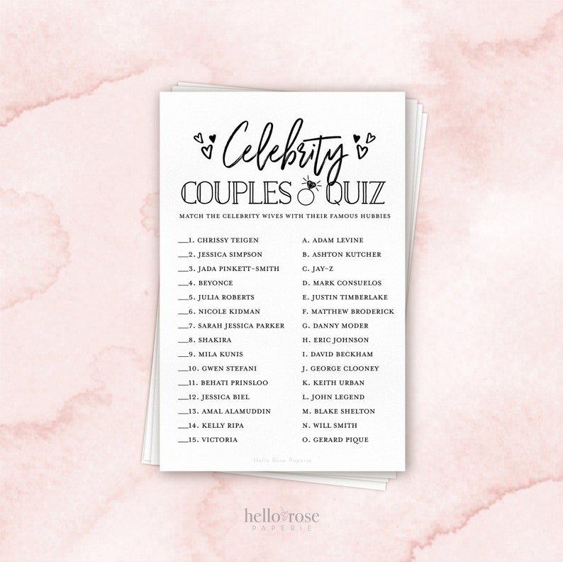 Celebrity Couples Quiz + Answer Key . Printable Bridal Shower Game ...