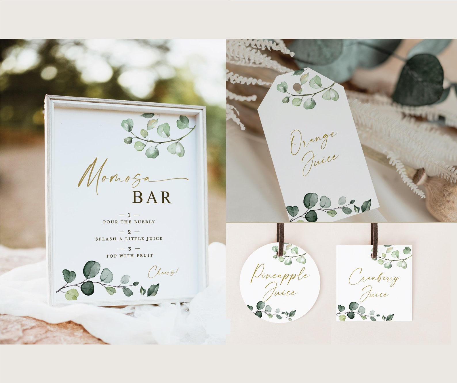 Momosa Bar Sign + Mimosa Tags Template . Baby Shower . Greenery Gold ...