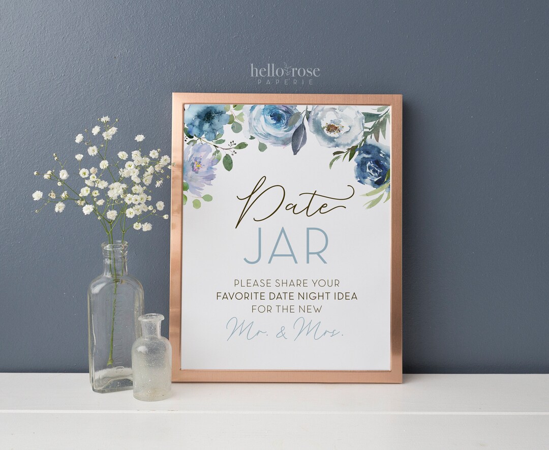 Date Night Ideas Jar Printable Sign . Blue Floral Watercolor . Bridal ...