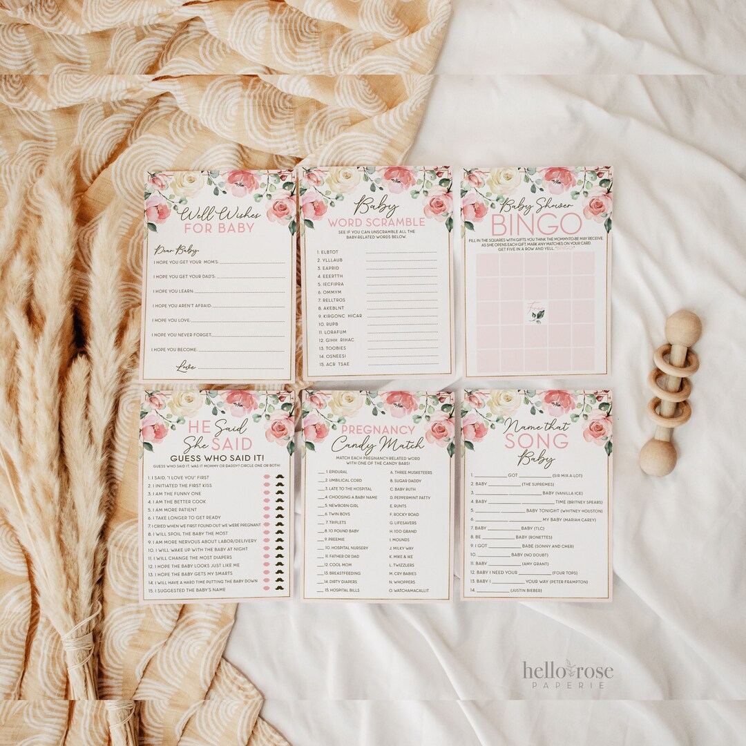 Floral Baby Shower Games Bundle . Blush Pink White Roses Greenery ...
