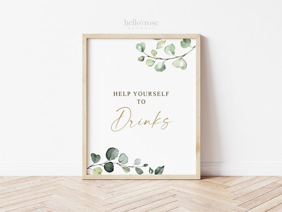 Help Yourself to Drinks Printable Sign . Greenery Gold . | Etsy