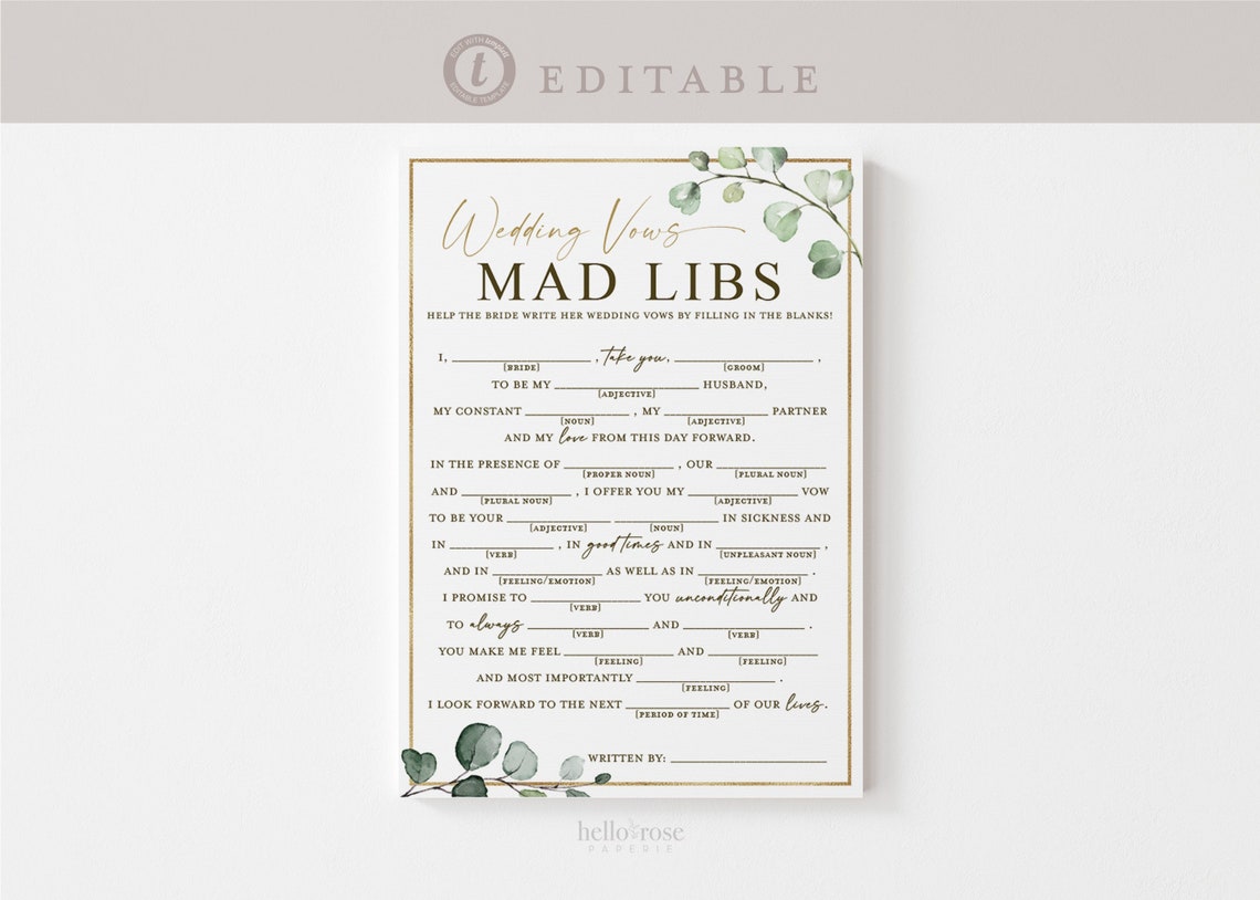 Wedding Vows Mad Libs Game . Personalized Reception Games . - Etsy