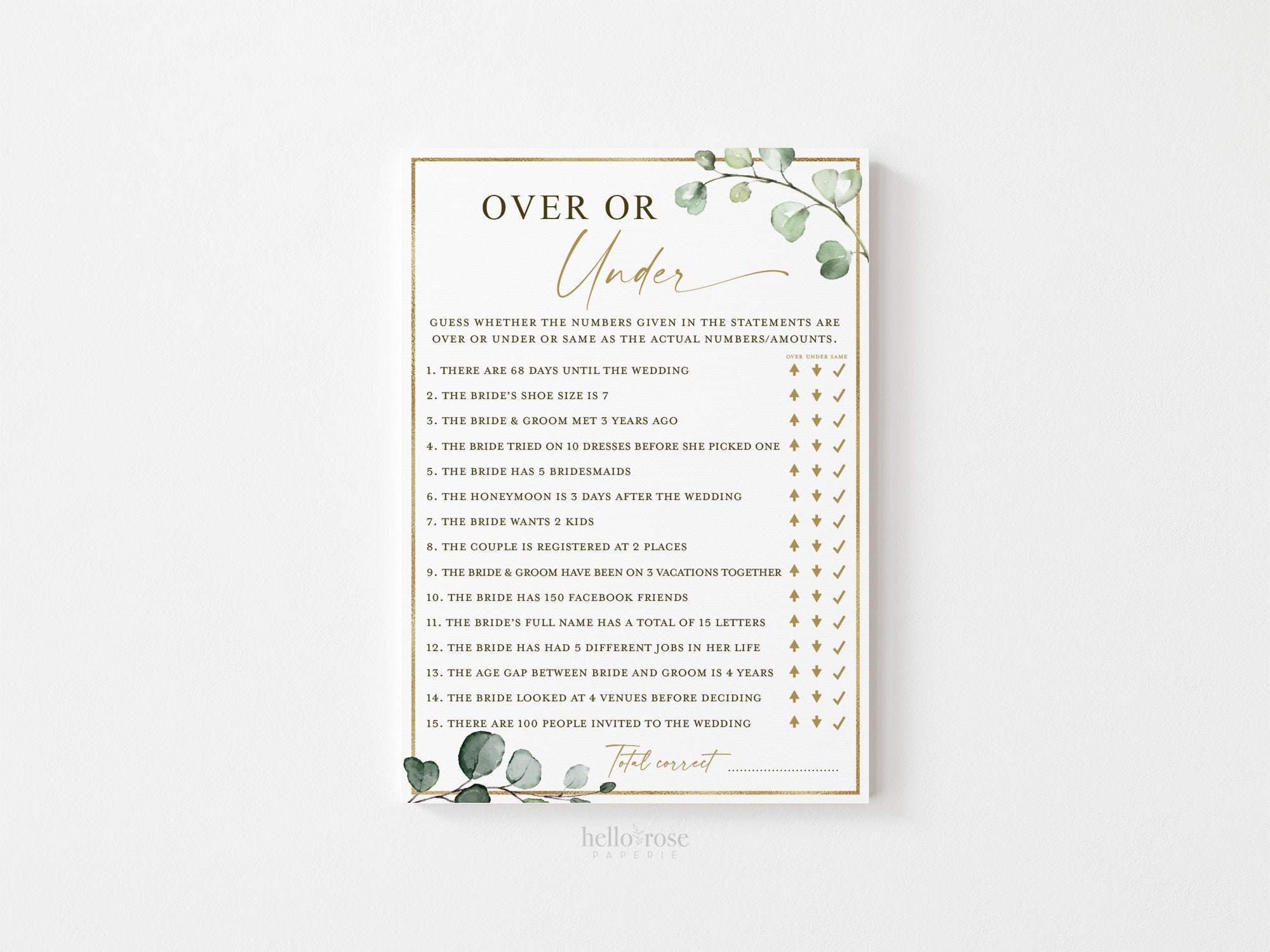 Over or Under Bridal Shower Printable Game . Wedding Couples - Etsy