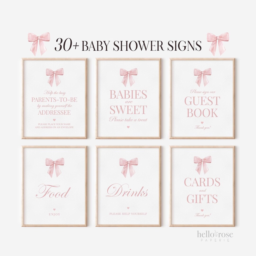 Pink Bow Bundle of 30+ Baby Shower Signs, Girl Baby Shower Game Signs ...