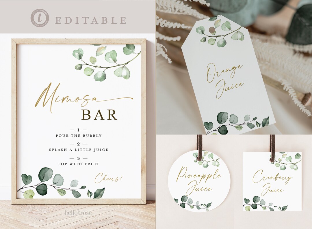 Mimosa Bar Sign Mimosa Tags Template . Bridal Baby Shower . Greenery ...