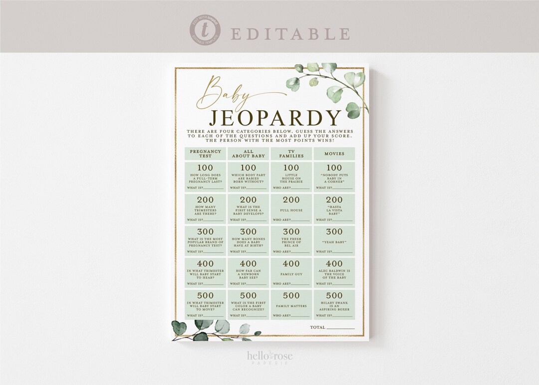 Baby Jeopardy Printable Game . Gender Neutral Baby Shower Greenery and ...