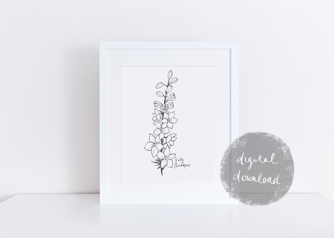 Larkspur July Birth Flower Art Print, Black and White Floral Ink ...
