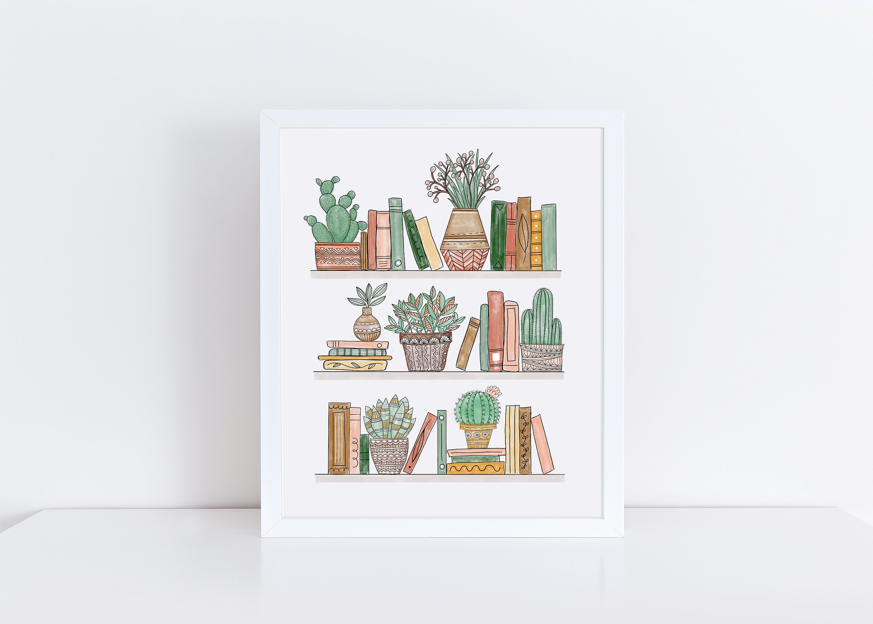 Potted Plants and Bookshelf Art Print / Library Art Print / | Etsy