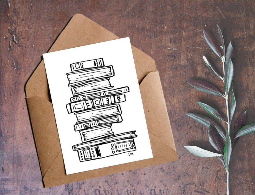 Stack of Books Note Card / Blank Greeting Card / Black and White ...