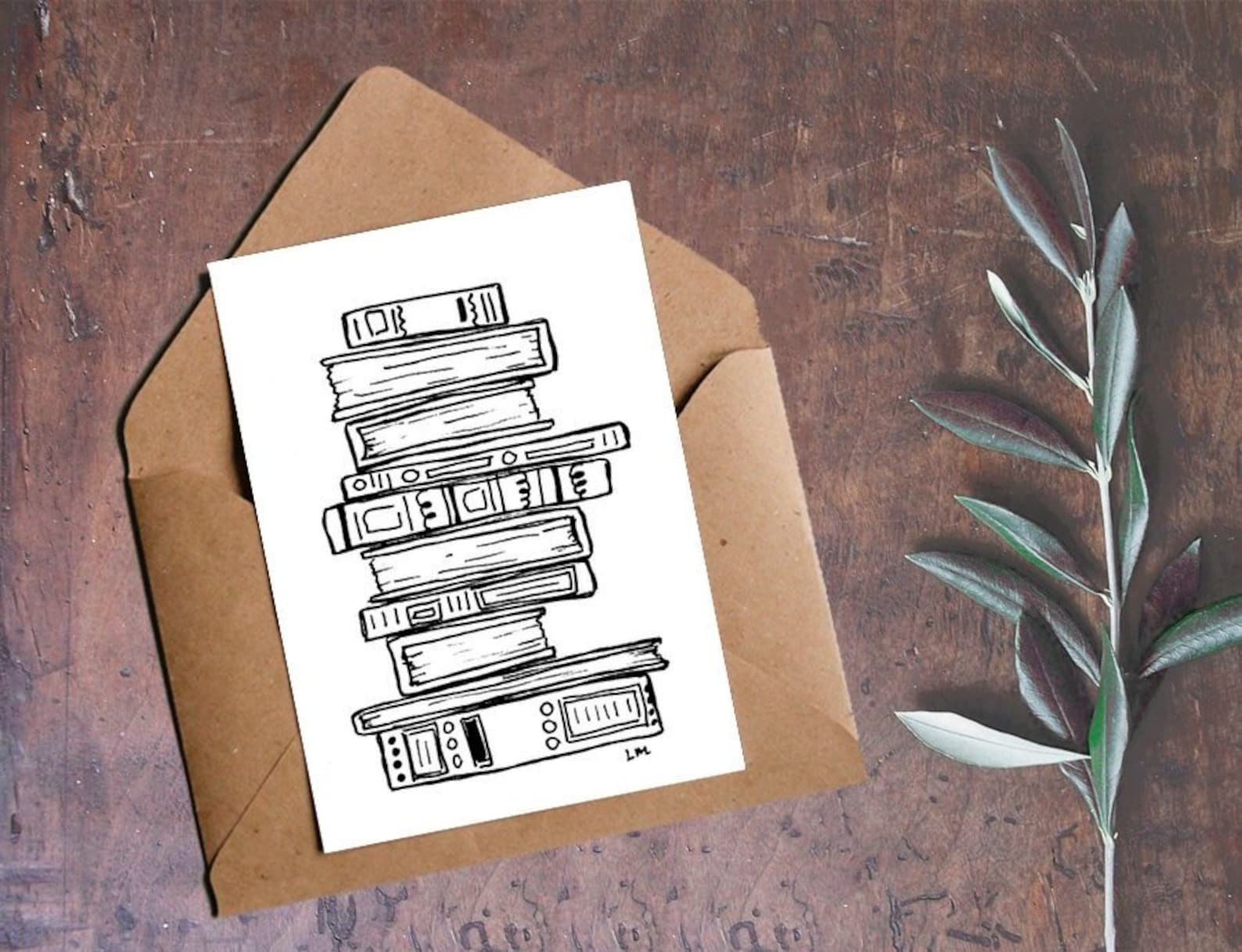 Stack of Books Note Card / Blank Greeting Card / Black and White ...