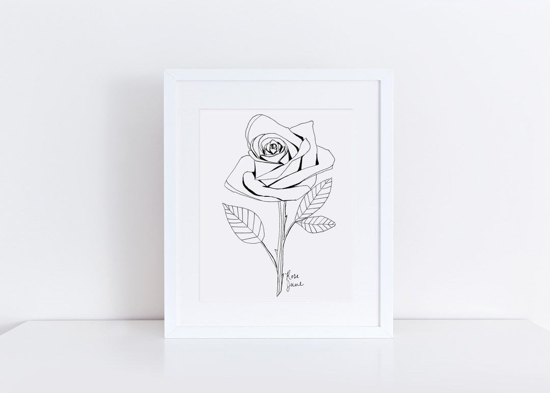 June Birth Flower Art Print / Black and White Rose Drawing / Floral Ink ...