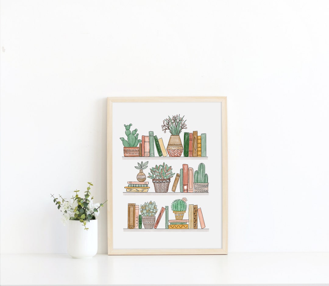 Potted Plants and Bookshelf Art Print / Library Art Print / Succulents ...