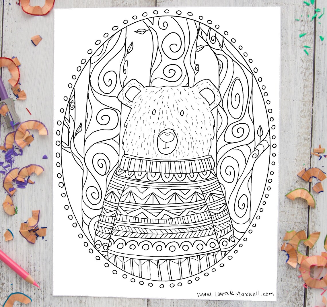Cozy Sweater Bear Coloring Sheet for Adults and Kids / Cute - Etsy