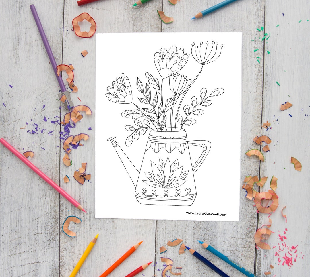 Watering Can Wildflower Doodle Coloring Page (printable Download) - Etsy