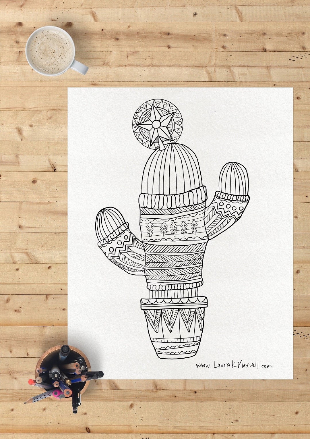 Christmas Cactus Printable Coloring Page for Adults and Kids / Holiday ...