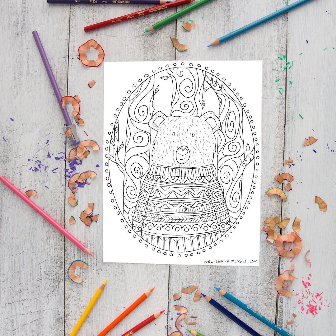 Cozy Sweater Bear Coloring Sheet for Adults and Kids / Cute Animal ...