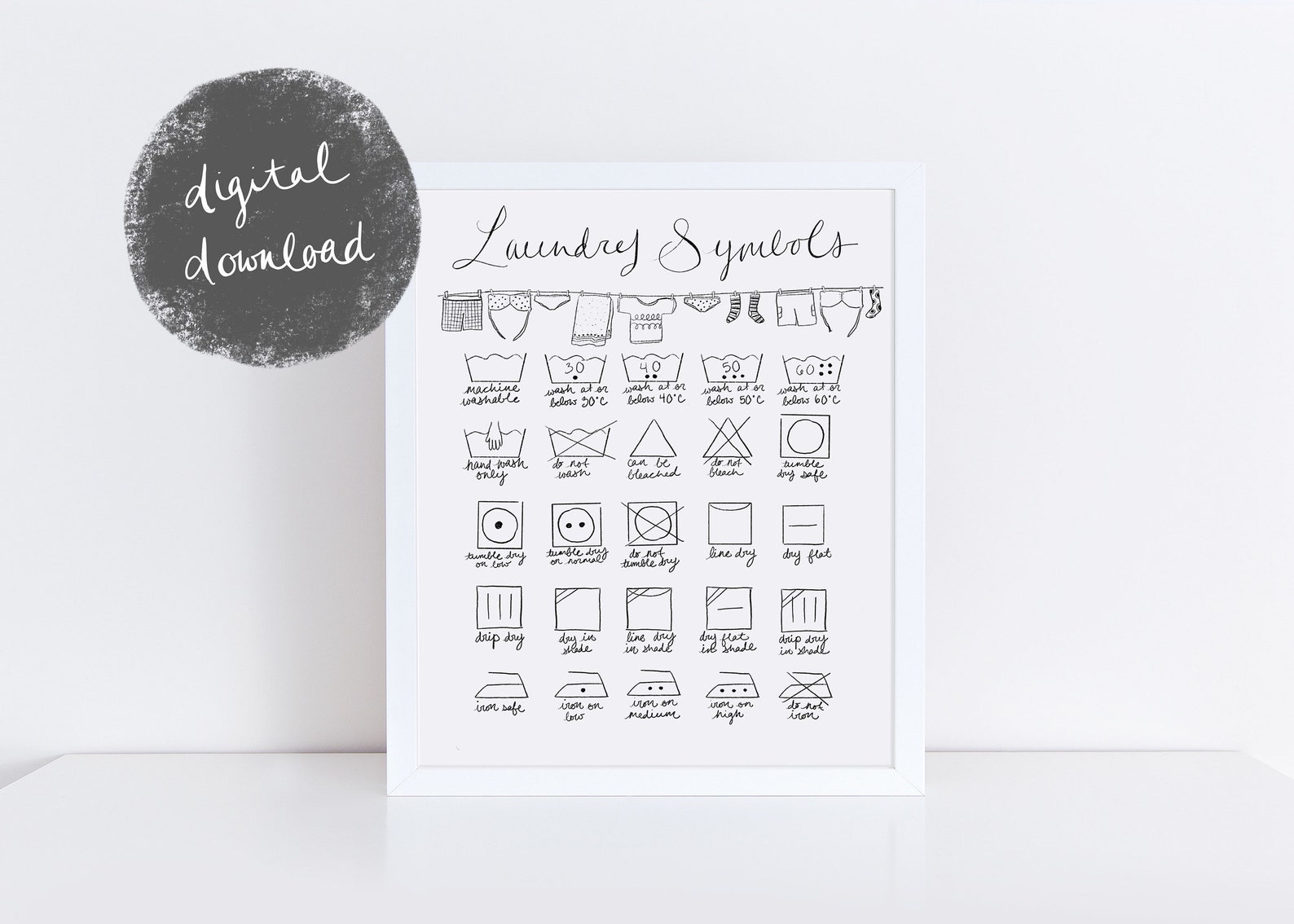 Laundry Symbol Guide Print, Hand-drawn Laundry Room Art (digital ...