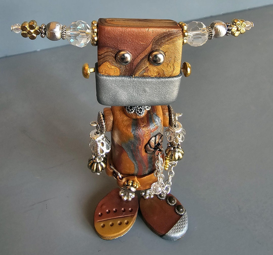 Polymer Clay Steampunk Robot Figurine: Metal & Bead Accents - Etsy