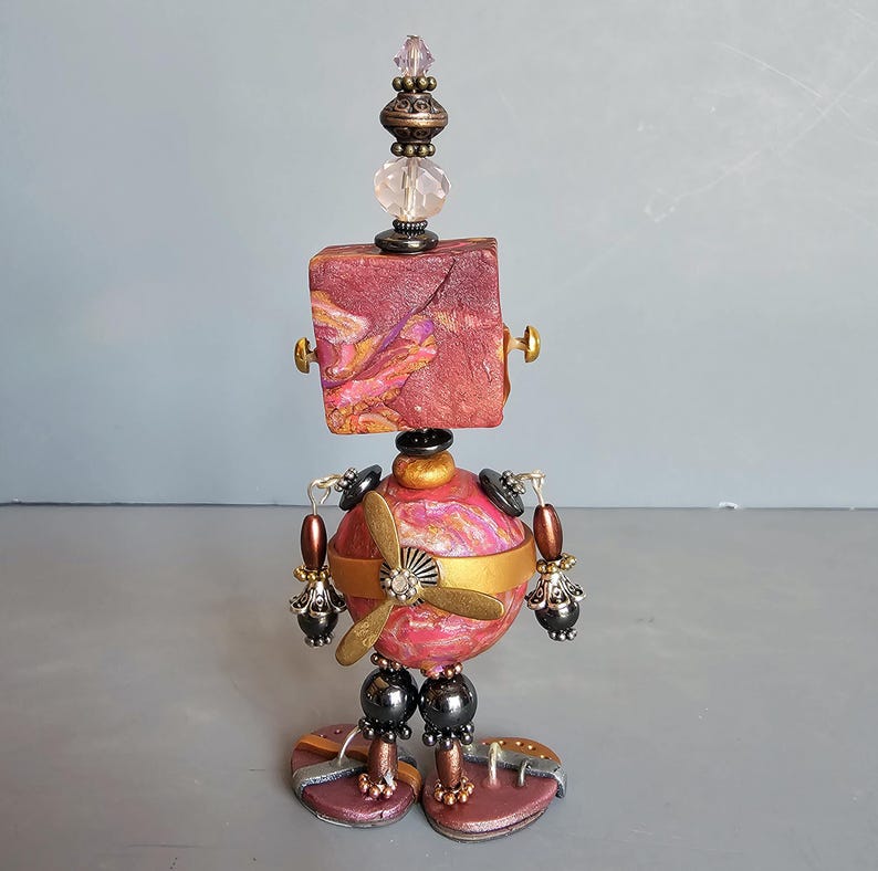 Polymer Clay Steampunk Robot Figurine: Handmade Metal & Bead Art - Etsy