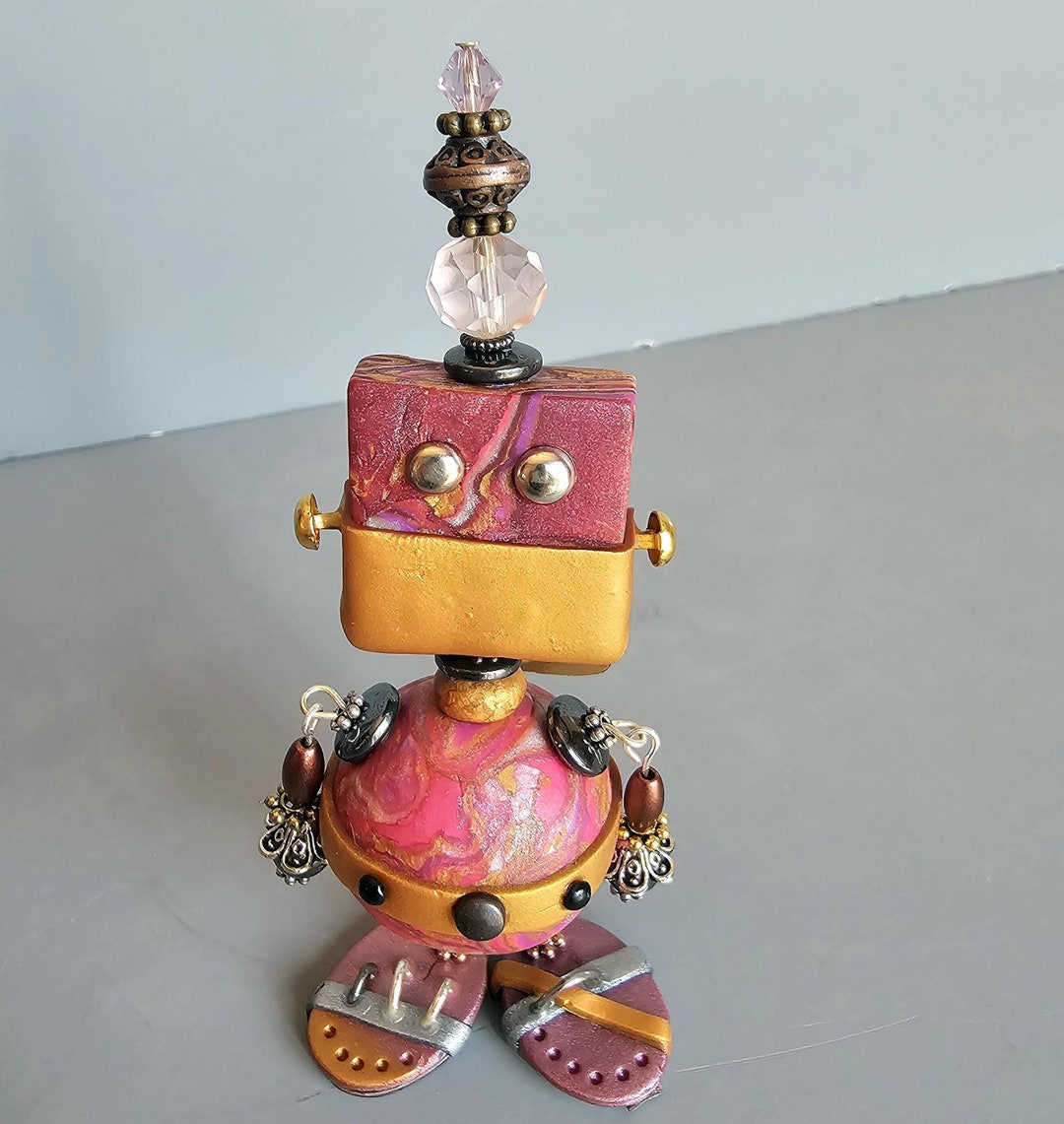 Polymer Clay Steampunk Robot Figurine: Handmade Metal & Bead Art - Etsy