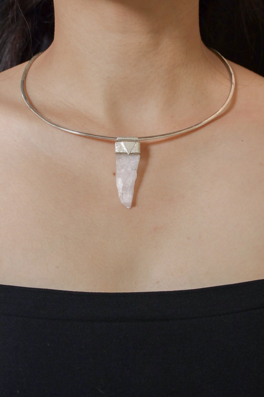 Natural White Clear Spodumene Stack Pendant, Organic Textured 925 ...