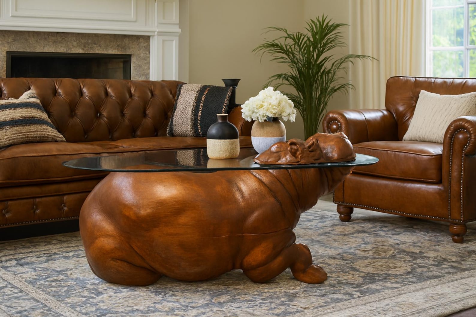 Hand Carved Wooden Hippo Coffee Table, Safari Sculpture Art Furniture ...