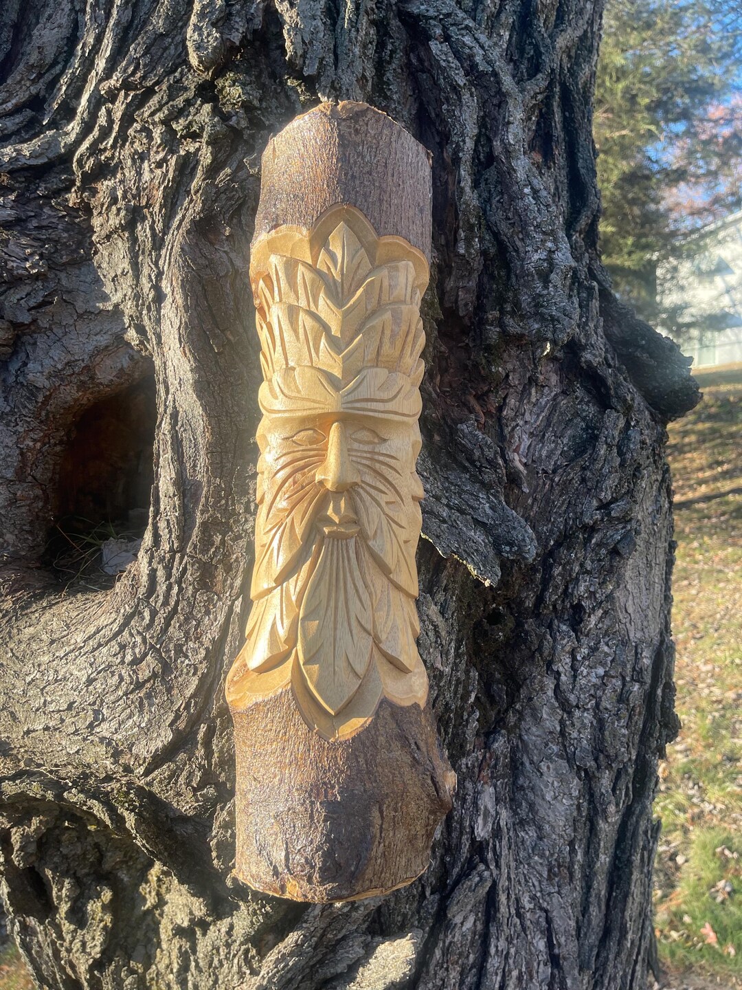 Ancient Forest Spirit Green Man Wood Carving - Handcrafted Wall Art ...