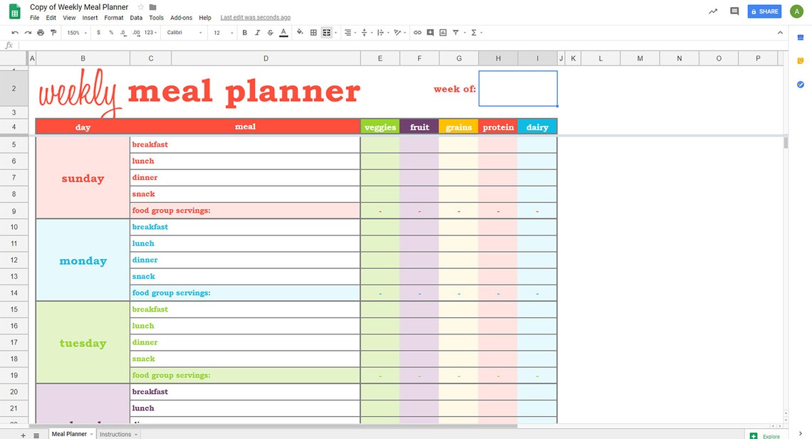 Weekly Meal Planner Google Sheets Template Printable Etsy Weekly Meal Planner Google Sheets Template Printable Etsy